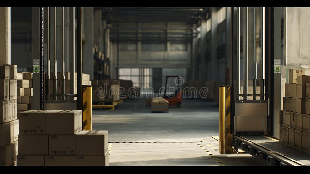 Boxes and Box Loaders in a Warehouse, Rows of Shelves with Boxe Stock ...
