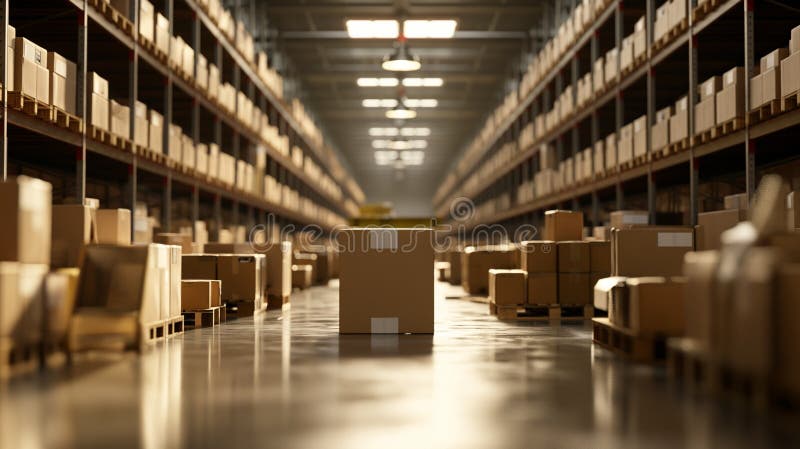 Boxes and Box Loaders in a Warehouse, Rows of Shelves with Boxe Stock ...
