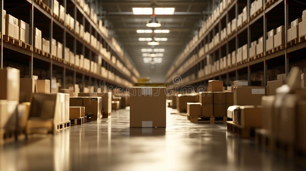 Boxes and Box Loaders in a Warehouse, Rows of Shelves with Boxe Stock ...