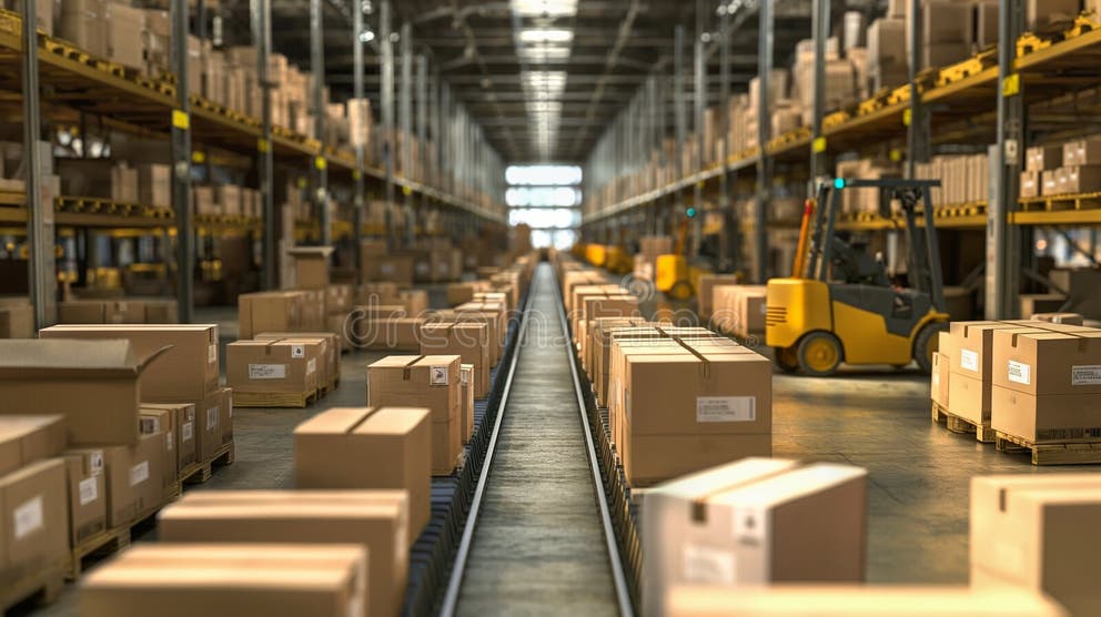 Boxes and Box Loaders in a Warehouse, Rows of Shelves with Boxe Stock ...