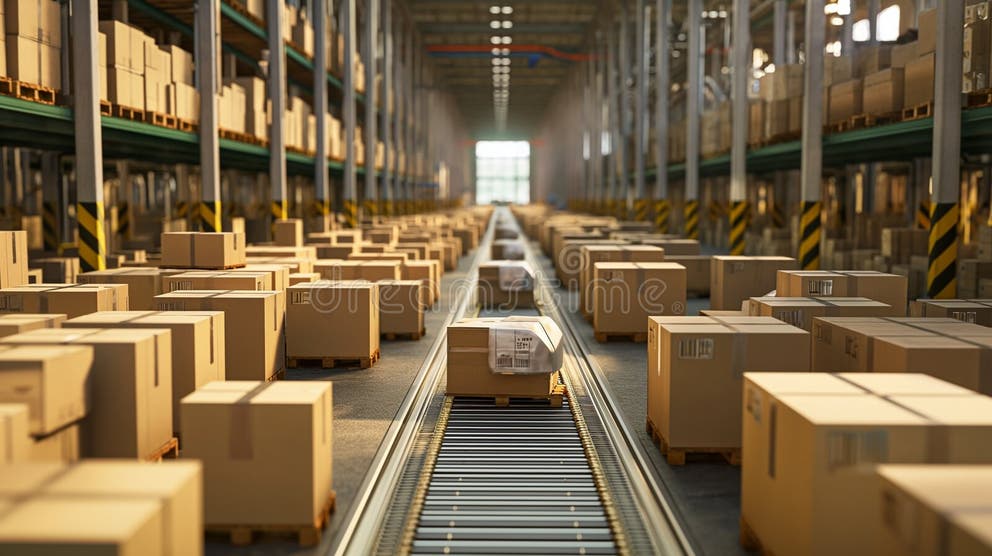 Boxes and Box Loaders in a Warehouse, Rows of Shelves with Boxe Stock ...