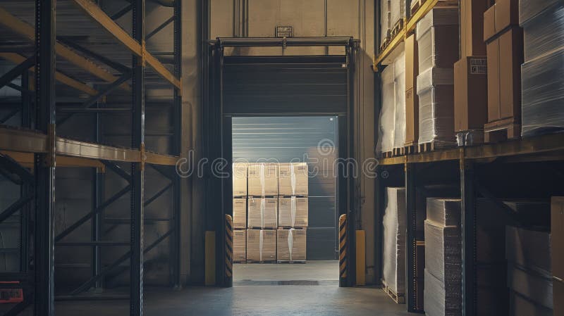 Boxes and Box Loaders in a Warehouse, Rows of Shelves with Boxe Stock ...