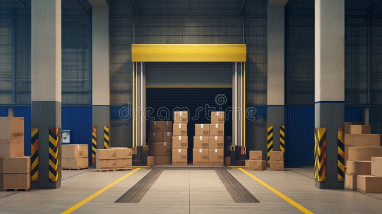 Boxes and Box Loaders in a Warehouse, Rows of Shelves with Boxe Stock ...