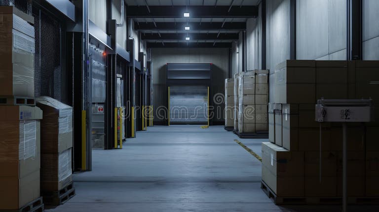 Boxes and Box Loaders in a Warehouse, Rows of Shelves with Boxe Stock ...