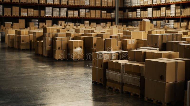 Boxes and Box Loaders in a Warehouse, Rows of Shelves with Boxe Stock ...