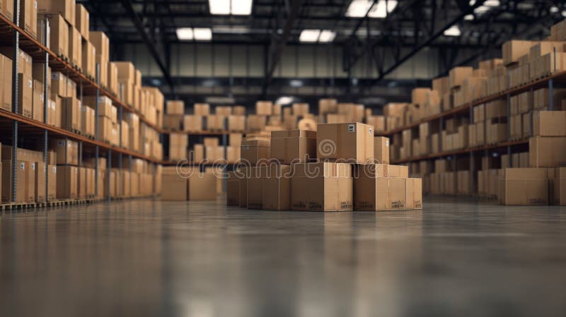 Boxes and Box Loaders in a Warehouse, Rows of Shelves with Boxe Stock ...