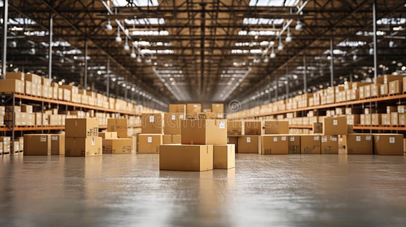 Boxes and Box Loaders in a Warehouse, Rows of Shelves with Boxe Stock ...