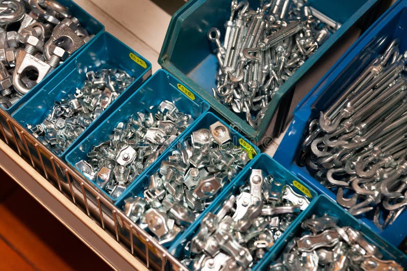 Boxes with Building Hardware in a Hardware Store Stock Photo - Image of ...