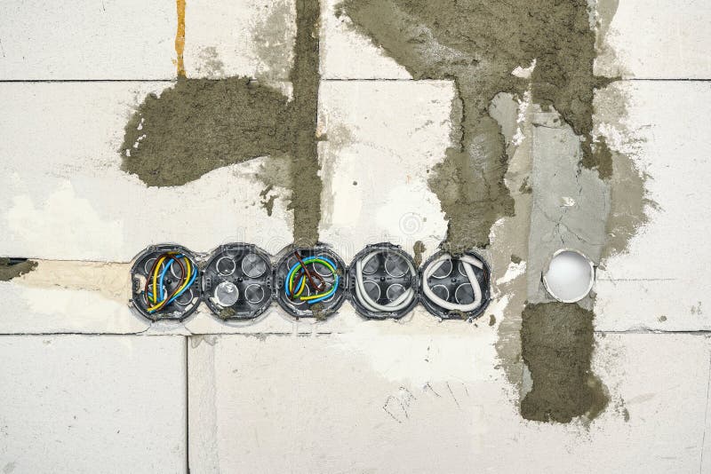 Boxes with Cables for Electric Sockets Installed in New House Building ...