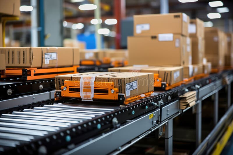 Boxes on a Conveyor Belt in a Factory or Courier Cargo Parcel Warehouse ...