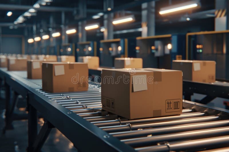 Boxes on a Conveyor Belt in a Factory, Suitable for Manufacturing ...