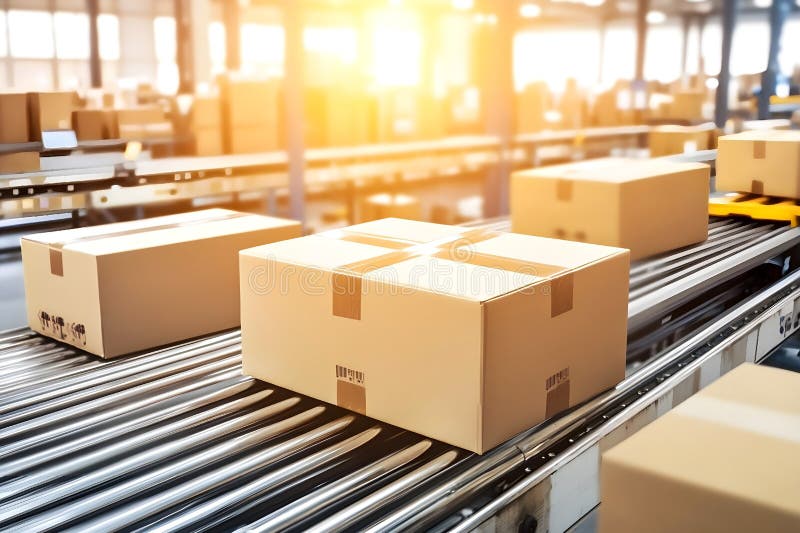 Boxes on a Conveyor Belt in a Warehouse, Representing Logistics ...