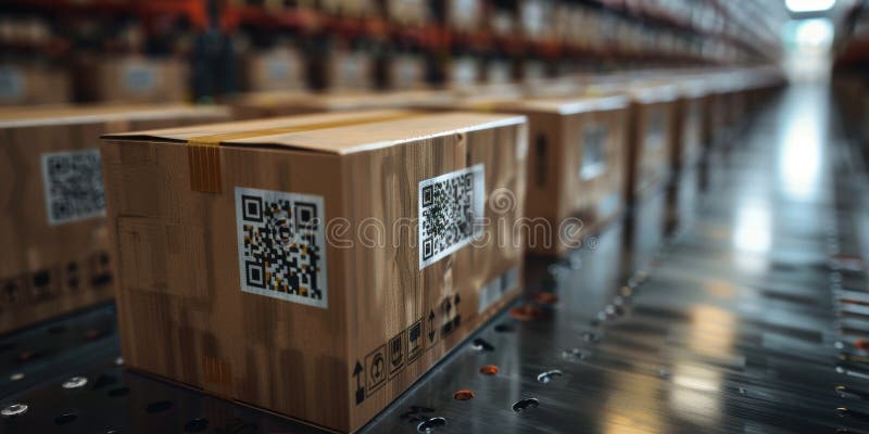 Boxes on Conveyor Belt in a Warehouse. Created by Generative Artificial ...