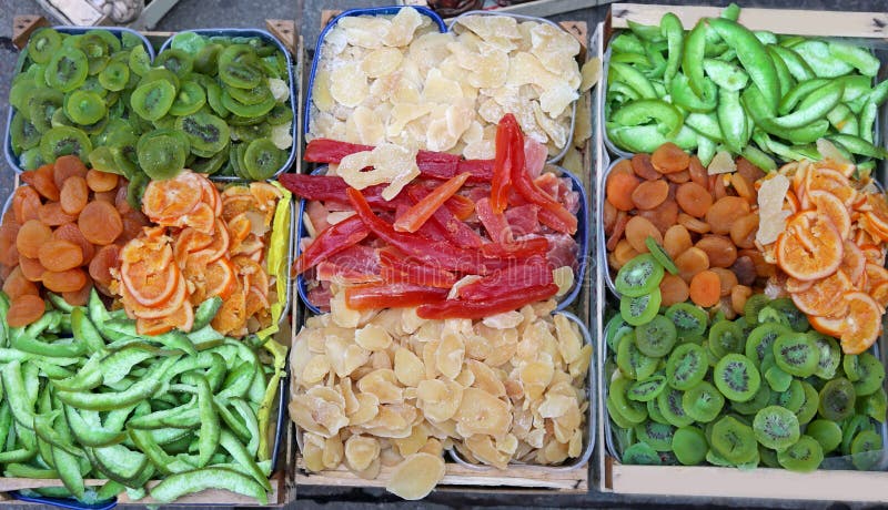 Boxes of Dried Fruit of Various Colors at the Fruit Market Stock Photo ...