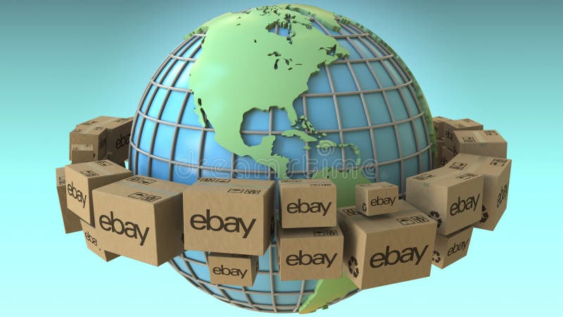 Boxes with EBay Logo Around the World, America Emphasized. Conceptual ...