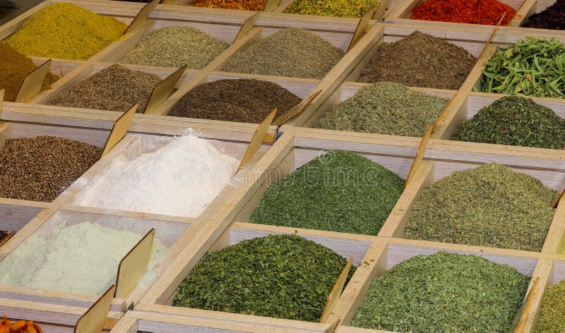 Boxes with the Exotic Spicy Spices from All Over the World Stock Photo ...