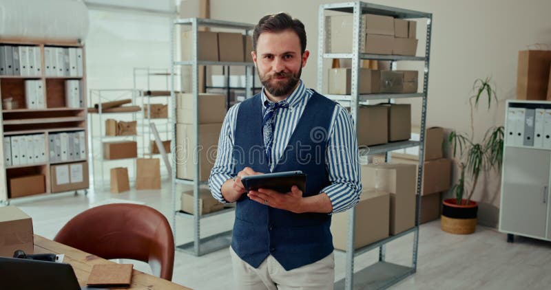 Boxes, Face and Man with Tablet, Office and Communication for Order ...