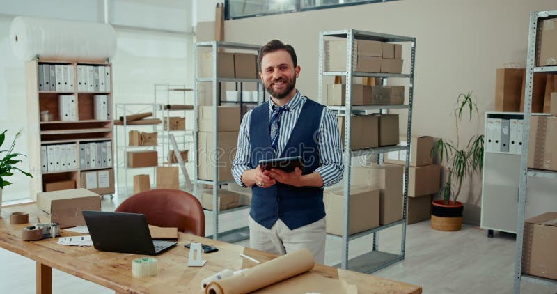 Boxes, Face and Man with Tablet, Smile and Communication for Order, Ecommerce and Entrepreneur ...