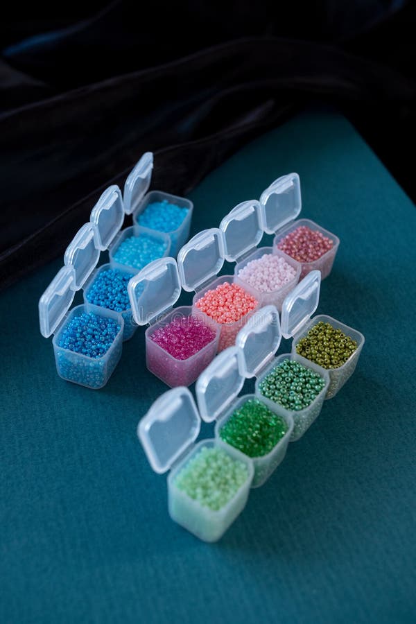 The Boxes are Filled with Colored Beads with Open Stock Photo - Image ...