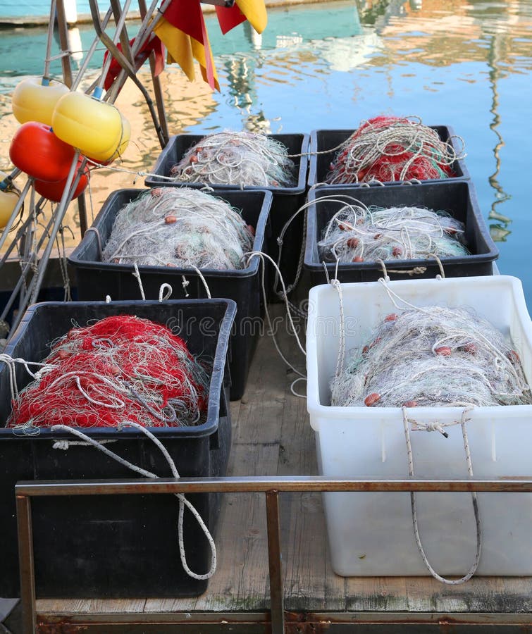 Boxes with Fishing Nets on the Industrial Ship Stock Image - Image of ...