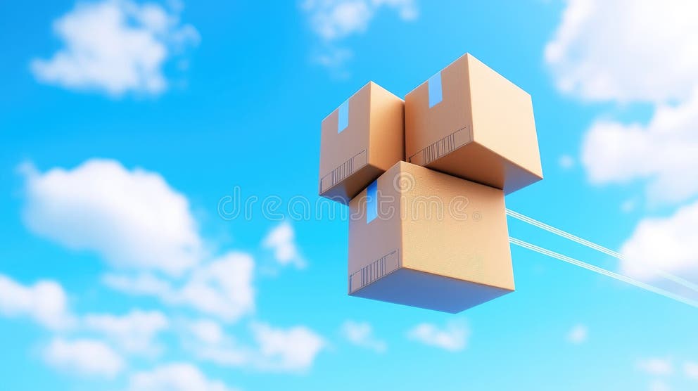 Boxes Floating in the Sky, Representing Delivery and Distribution in a Vibrant Blue Environment ...
