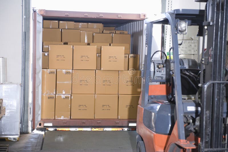 Boxes and Forklift Truck in Warehouse Stock Image - Image of stockpile ...
