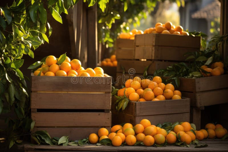 Boxes of Freshly Picked Oranges Ready for Juice Extraction Stock ...