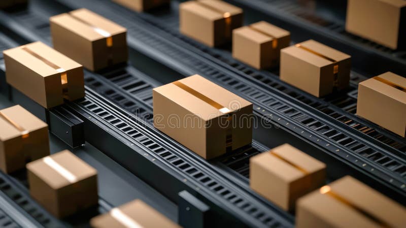 Boxes Glide Along a Conveyor Belt in a Busy Warehouse, Showcasing the ...