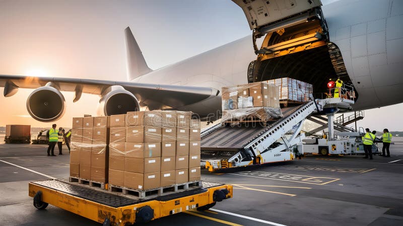 Boxes of Goods on Trolley are Loaded into Hold of Cargo Plane Stock ...