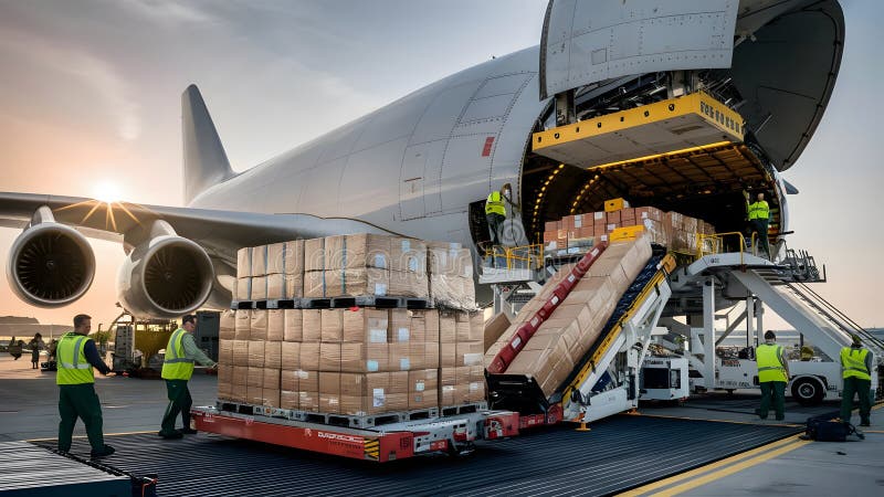Boxes of Goods on Trolley are Loaded into Hold of Cargo Plane Stock ...