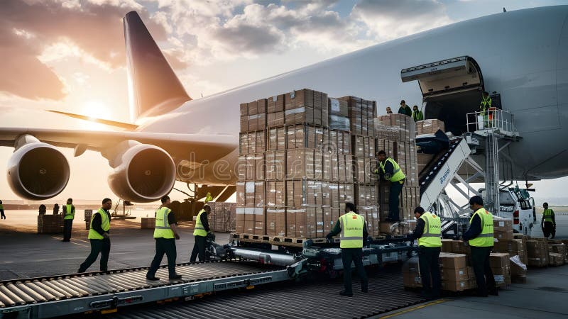 Boxes of Goods on Trolley are Loaded into Hold of Cargo Plane Stock ...