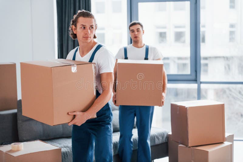 With Boxes in Hands. Two Young Movers in Blue Uniform Working Indoors ...