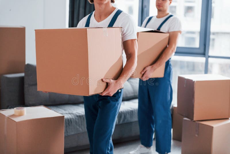 With Boxes in Hands. Two Young Movers in Blue Uniform Working Indoors ...