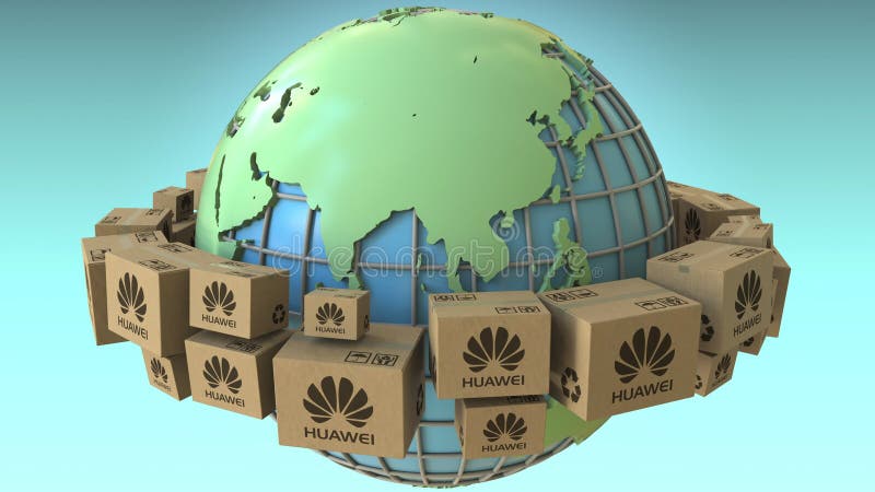 Boxes with Huawei Logo Around the World, Asia Emphasized. Conceptual ...