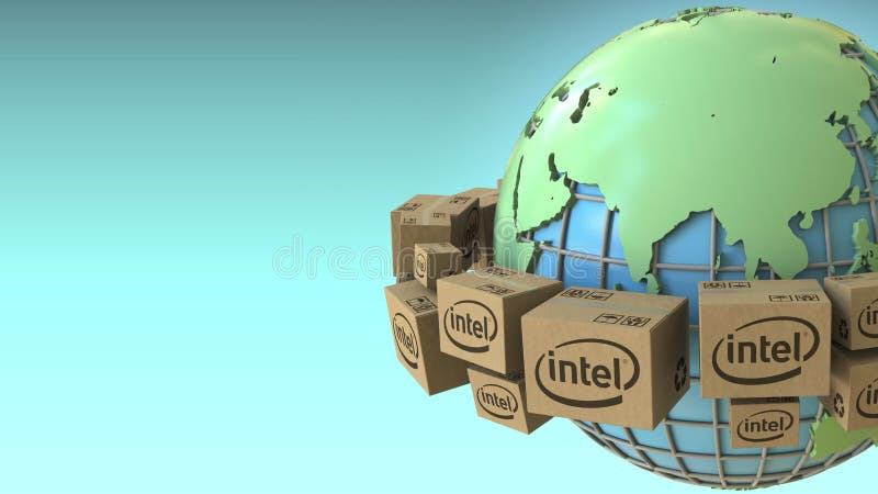 Boxes with Intel Logo Around the World, Asia Emphasized. Conceptual ...