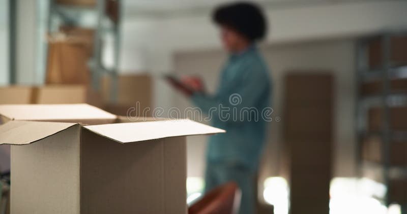 Boxes, Inventory and Man at Small Business with Tablet, Ecommerce and ...