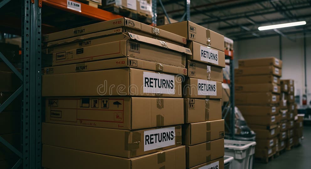 Boxes Labeled Returns Stacked in Warehouse Awaiting Processing and ...