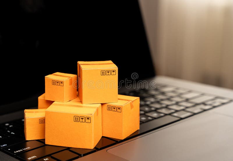 Boxes on a Laptop. Internet Trade, Online Orders Stock Image - Image of ...