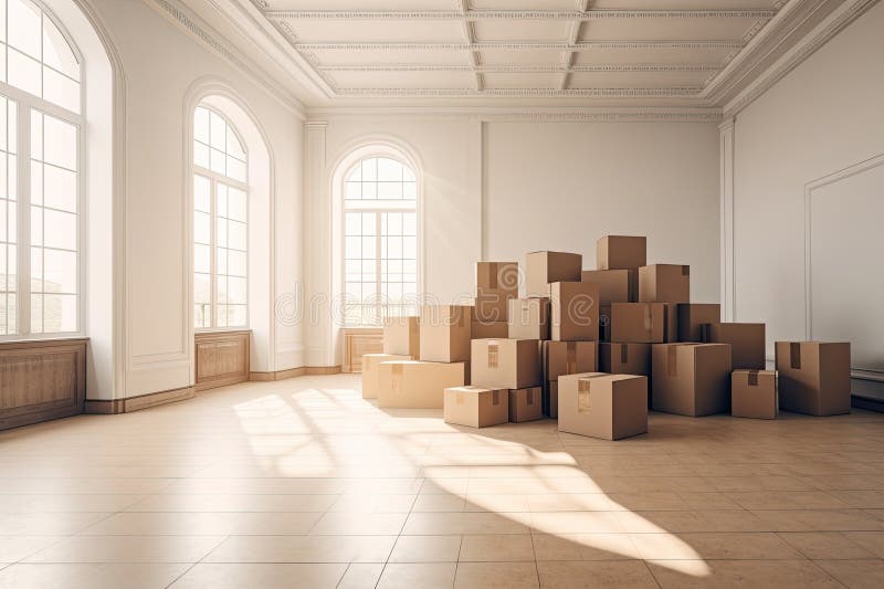 Boxes in a Large Bright Room, the Concept of Moving. Generative AI ...