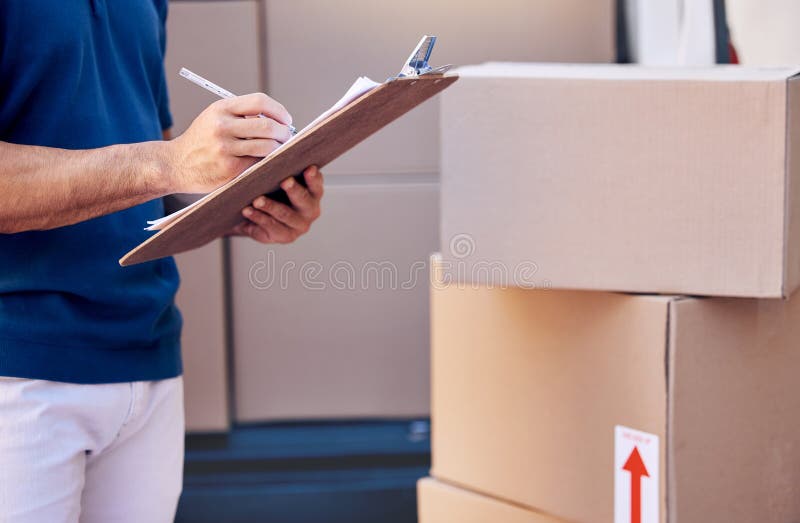 Boxes, Logistics and Hands of Deliveryman with Clipboard for ...