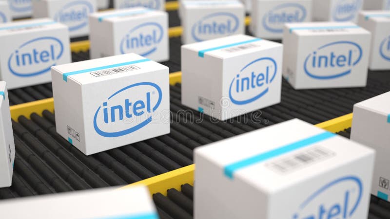 Logo of Intel on the White Boxes on the Conveyor. Editorial 3D ...