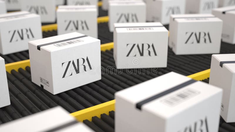 Logo of Zara on the White Boxes on the Conveyor. Editorial 3D Rendering ...