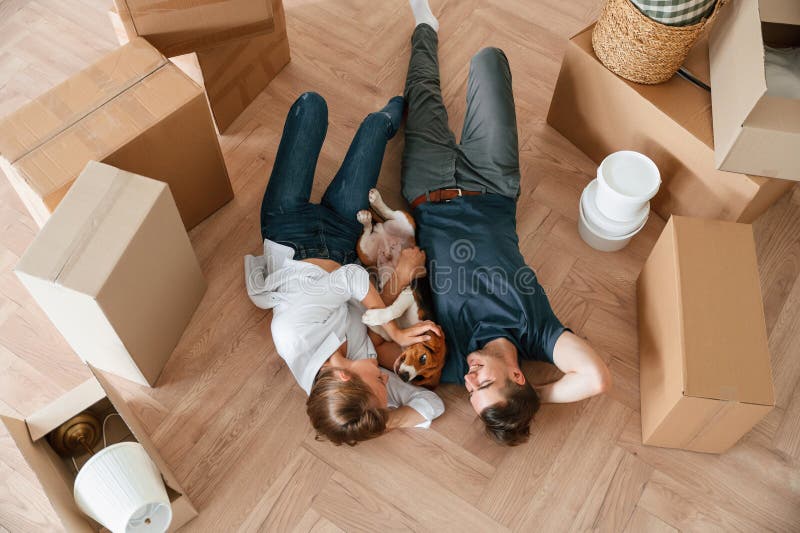 Between Boxes, Lying Down. Young Couple with Dog are Moving To New Home ...