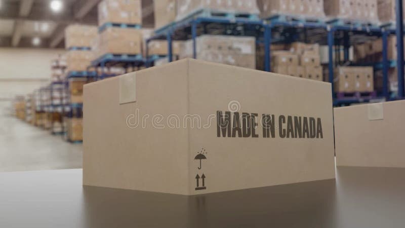 Boxes with MADE in CANADA Text on Conveyor. Canadian Goods Related ...