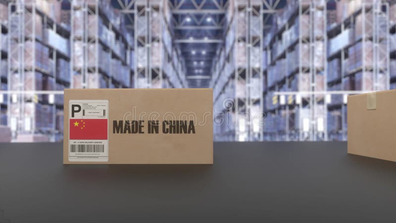 Boxes with MADE in CHINA Text on Conveyor. Chinese Goods Related ...