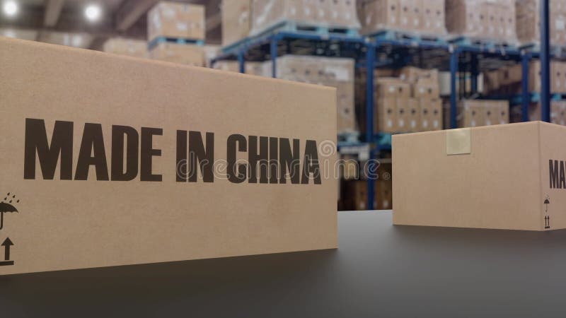 Boxes with MADE in CHINA Text on Conveyor. Chinese Goods Related ...