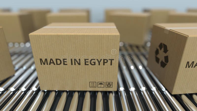 Boxes with MADE in EGYPT Text on Roller Conveyor. Egyptian Goods ...