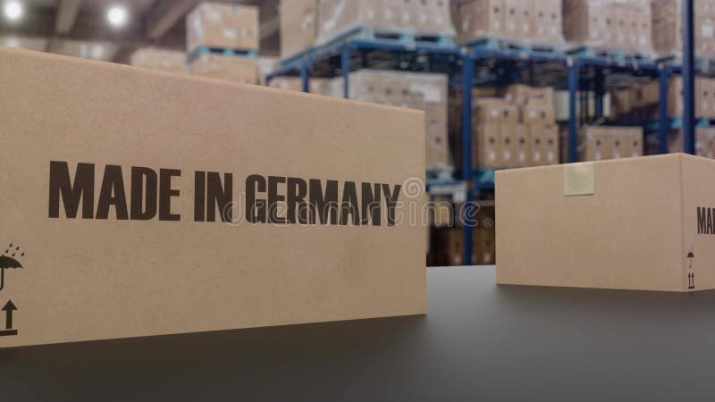Boxes with MADE in GERMANY Text on Conveyor. GERMANY Goods Related ...