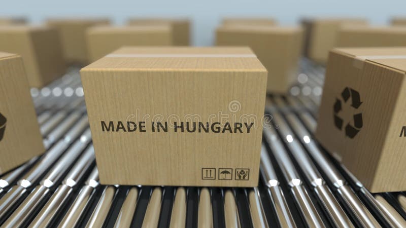 Boxes with MADE in HUNGARY Text on Roller Conveyor. Hungarian Goods ...