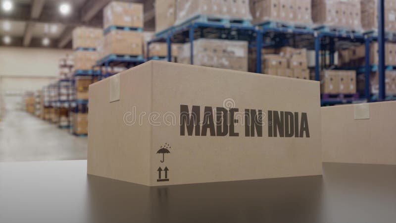Boxes with MADE in INDIA Text on Conveyor. 3d Illustration Stock ...